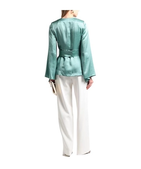 Max Mara Satin V-neck Top With Belted Waist And Flared Sleeves