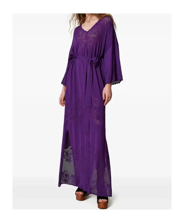 TWINSET Belted V-neck Maxi Dress With Sheer Lace Detailing And Side Slit