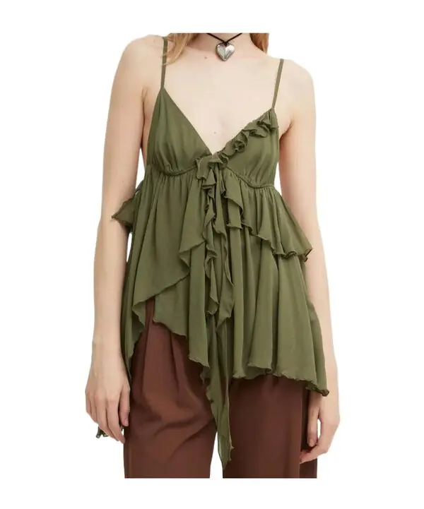 ANIYE BY Ruffled Asymmetric V-neck Top - Green