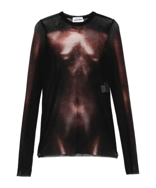 JEAN PAUL GAULTIER Body Print Mesh Long Sleeve Top - Black
