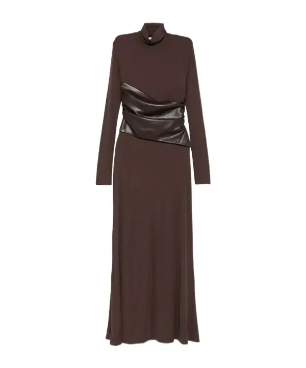 Nanushka Dark Brown High-neck Maxi Dress With Faux Leather Detail