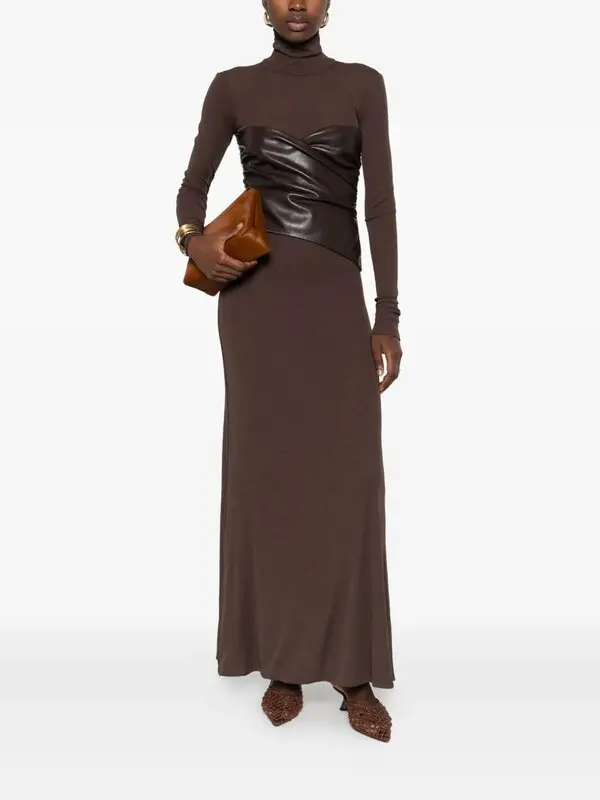 Nanushka Dark Brown High-neck Maxi Dress With Faux Leather Detail