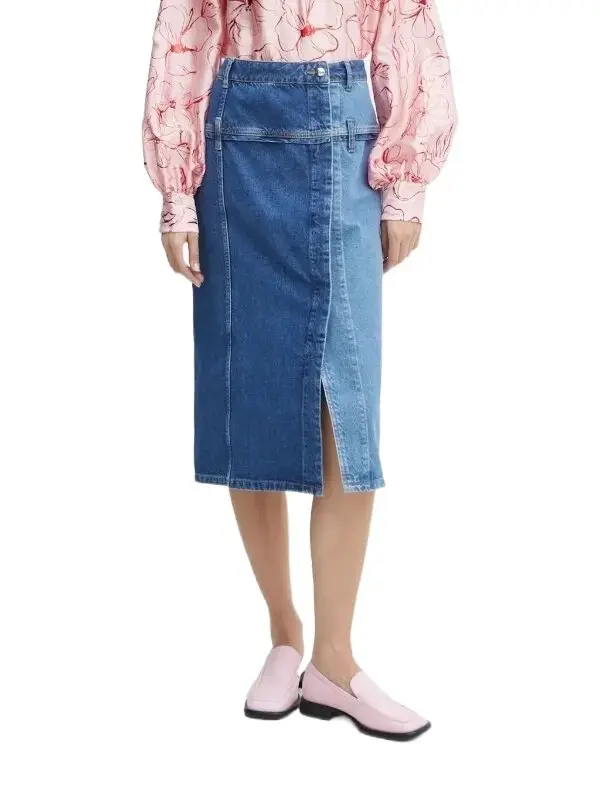 Stine Goya Denim-panelled Midi Skirt