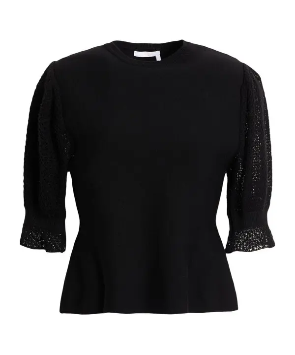 Chloé Crewneck Knit Top With Lace Puff Sleeves