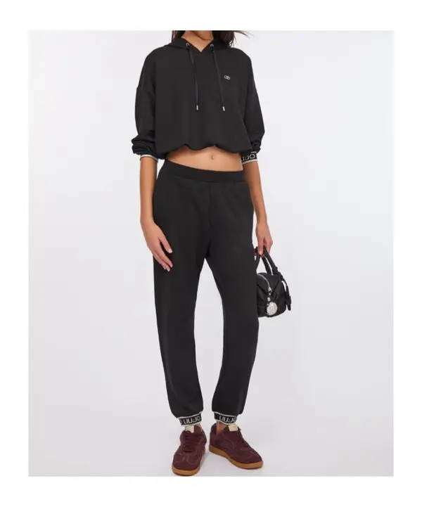 Liu Jo Lurex Jersey Drawstring Hoodie With Metal Logo Detail - Black