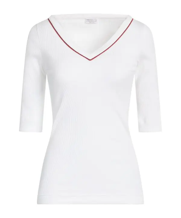 Brunello Cucinelli V-neck Ribbed Elbow-sleeve Top With Red Trim - White