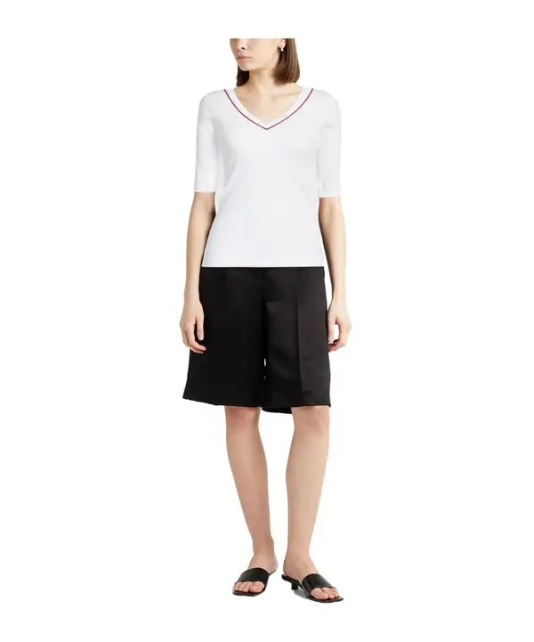 Brunello Cucinelli V-neck Ribbed Elbow-sleeve Top With Red Trim - White