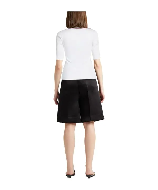 Brunello Cucinelli V-neck Ribbed Elbow-sleeve Top With Red Trim - White