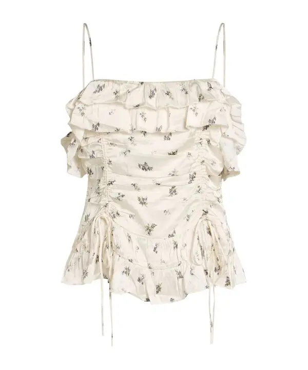 GANNI Printed Floral Ruffle Camisole With Drawstring Detail - White
