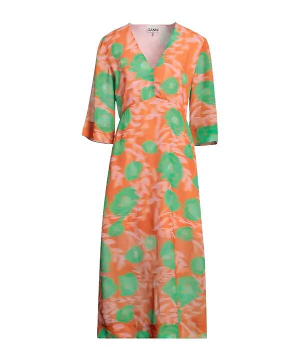 GANNI Flared Crepe Midi Dress With V-neck And 3/4 Sleeves