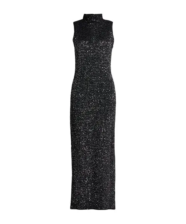Max Mara Sequin Embellished Mock Neck Sleeveless Maxi Dress - Black