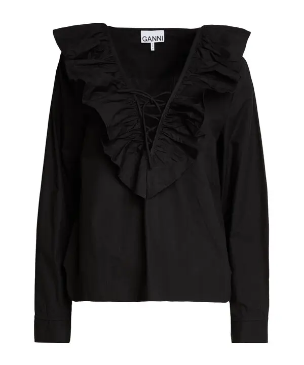 GANNI Solid-color Long-sleeve Ruched Top