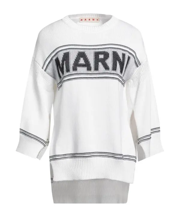 Marni Crew Neck Knit Top With Black Lettering And Stripe Details