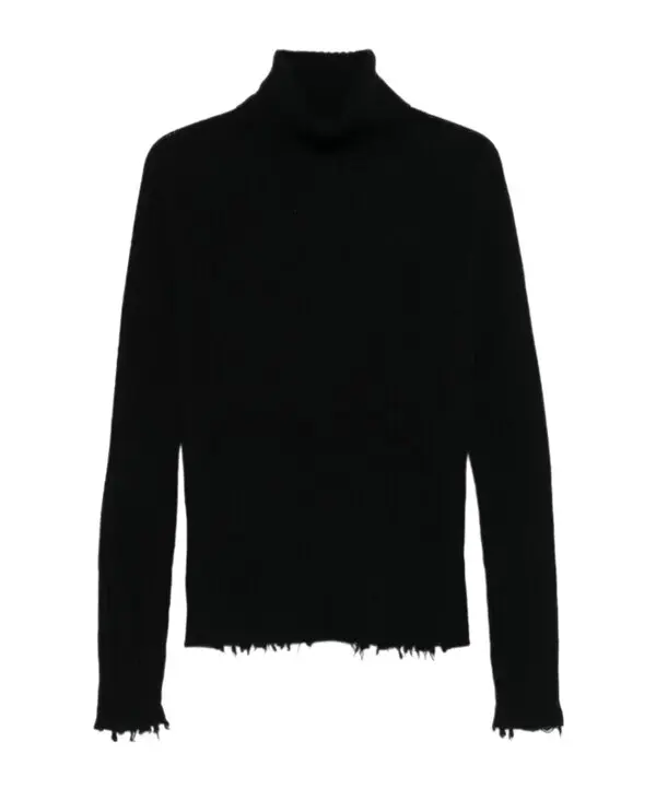 UMA WANG Ribbed Frayed-edge Turtleneck Sweater - Black