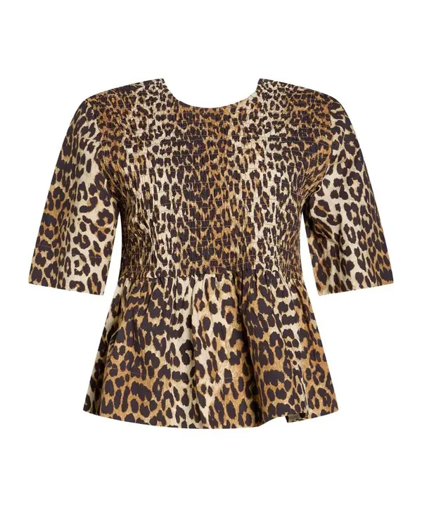 GANNI Leopard Print Shirred Peplum Top - Black