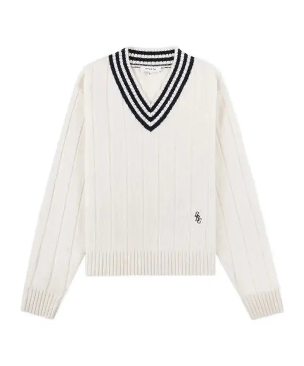 SPORTY  RICH Sporty & Rich V-neck Striped Trim Jumper