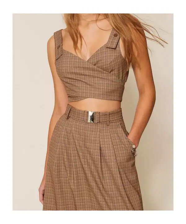 TWINSET Plaid Pattern Cropped Blouse