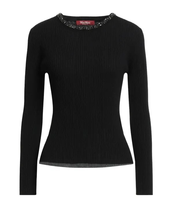 Max Mara Ribbed Knit Top With Embellished Neck - Black