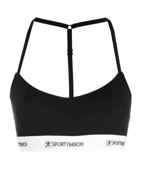 SPORTY  RICH Sporty & Rich Logo Jacquard Tape Cropped Top - Black