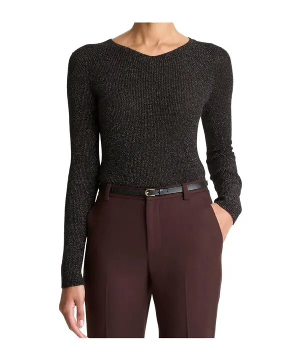 Vince Long Sleeve Ribbed V-neck Top - Black
