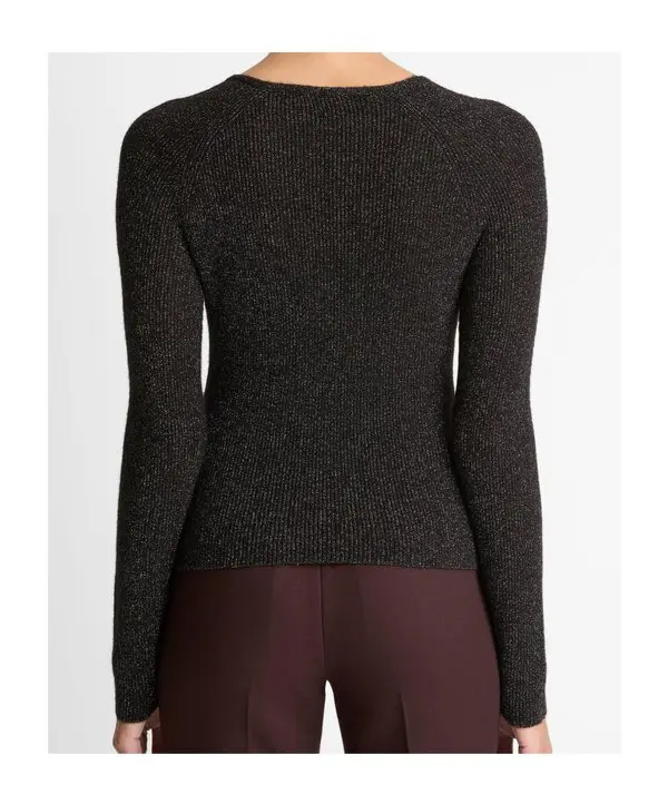 Vince Long Sleeve Ribbed V-neck Top - Black