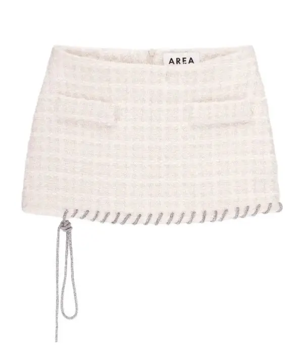 AREA Tweed Lady Mini Skirt With Rhinestones And Drawstring - White
