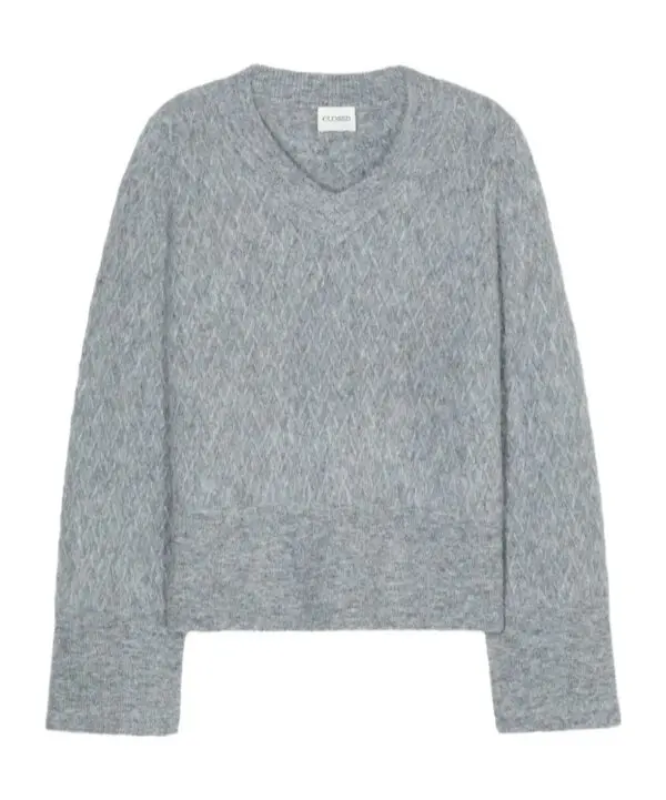 Closed V-neck Patterned Fine Knit Sweater - Gray