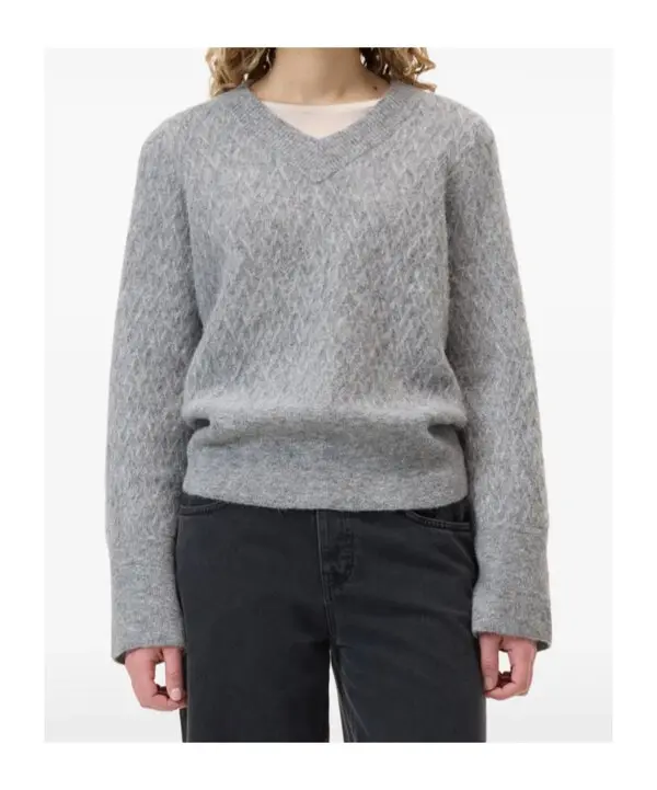 Closed V-neck Patterned Fine Knit Sweater - Gray
