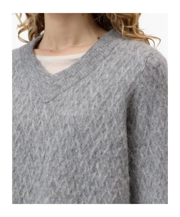 Closed V-neck Patterned Fine Knit Sweater - Gray