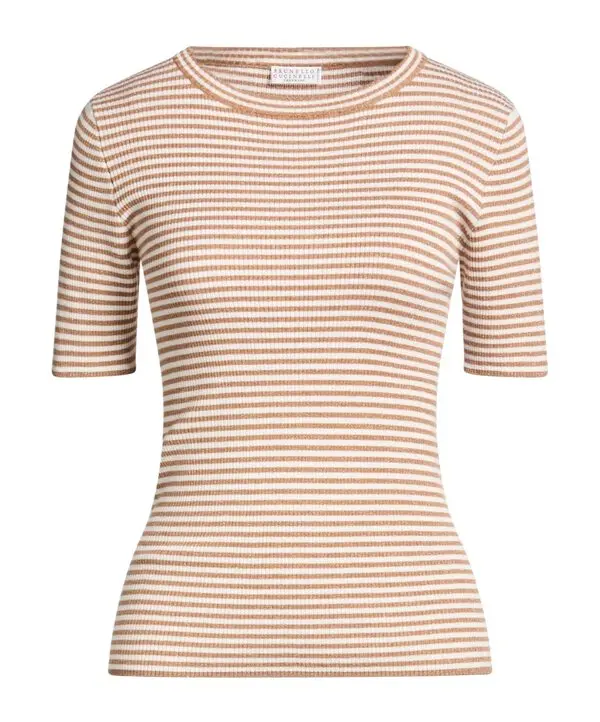 Brunello Cucinelli Striped Metallic Ribbed-knit Short-sleeve Top