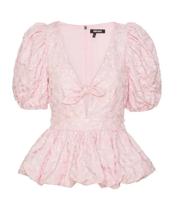 ROTATE BY BIRGER CHRISTENSEN Jacquard Puff Sleeve Top With Knot Embellishment