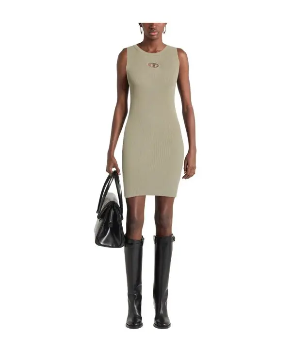 DIESEL® Ribbed-knit Sleeveless Crewneck Bodycon Dress With Appliqu