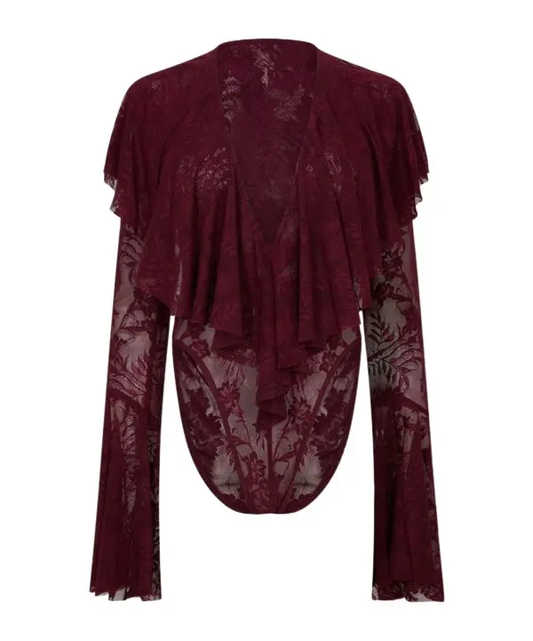 Norma Kamali Long-sleeved Deep V-neck Ruffled Bodysuit