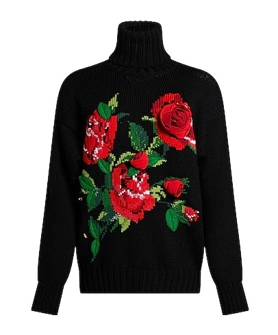 Dolce & Gabbana Floral Appliqué Turtleneck Heavy Knit Sweater - Black