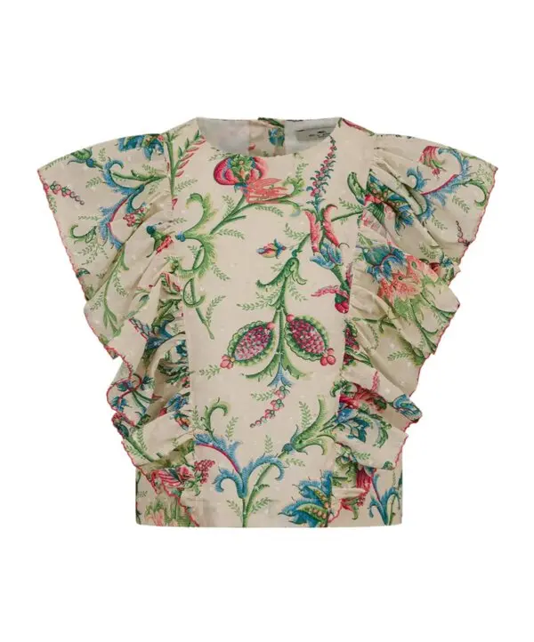 Etro Cotton Dotted Swiss Top With Leafy Floral Print