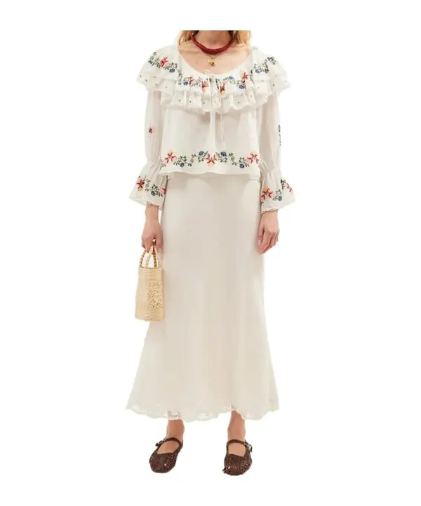 Rixo Long Sleeve Ruffled Embroidered Shirt
