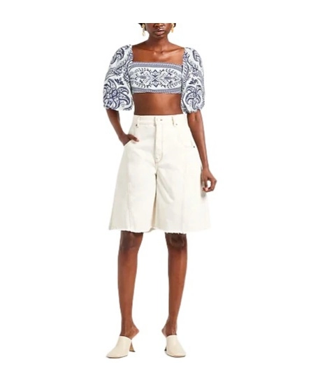 Farm Rio Paisley Print Linen Crop Top With Square Neckline And Shirred Back