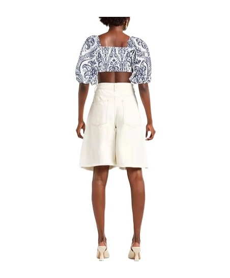 Farm Rio Paisley Print Linen Crop Top With Square Neckline And Shirred Back