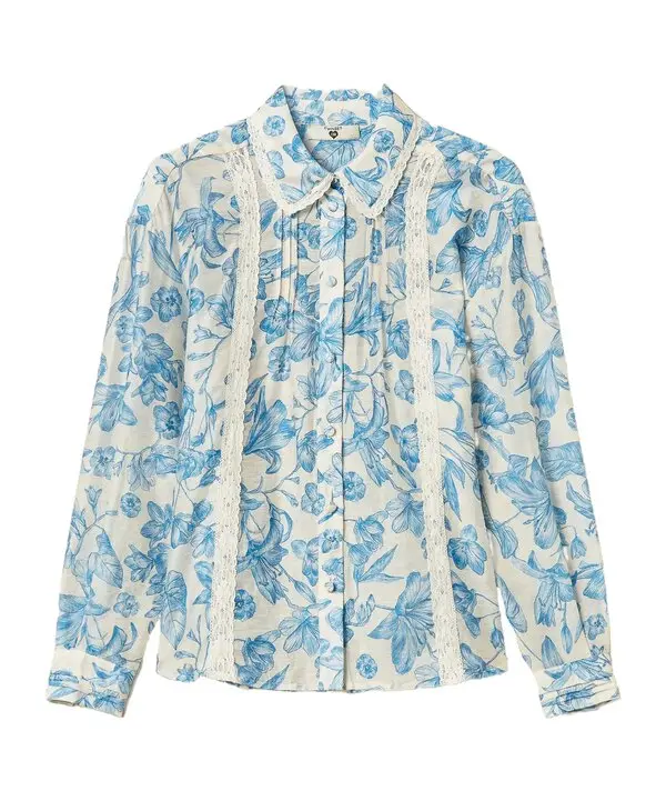 TWINSET Floral Print Lace Trim Button-up Shirt - White