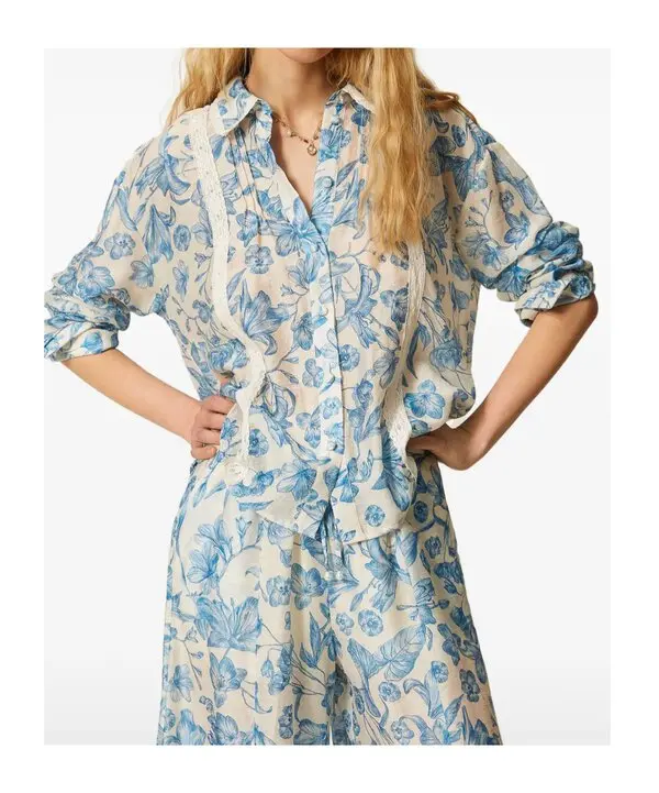 TWINSET Floral Print Lace Trim Button-up Shirt - White