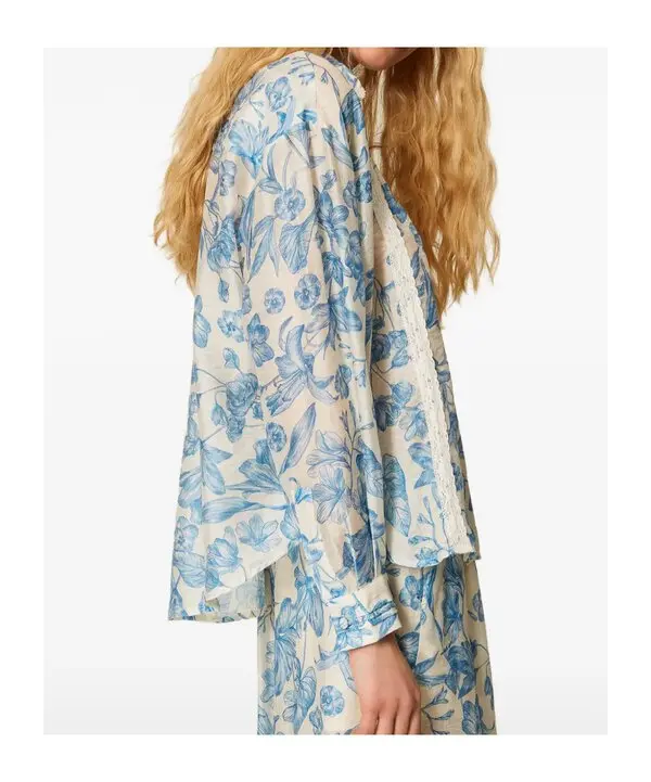 TWINSET Floral Print Lace Trim Button-up Shirt - White