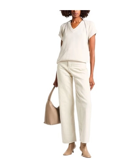 Brunello Cucinelli Mid-length V-neck Short Sleeve Knit Top - Ivory White