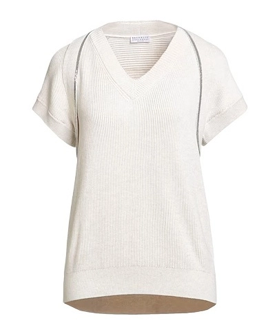 Brunello Cucinelli Mid-length V-neck Short Sleeve Knit Top - Ivory