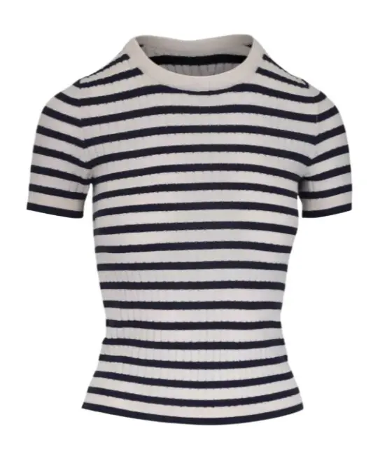 NILI LOTAN Striped Ribbed Knit Short Sleeve Top - White