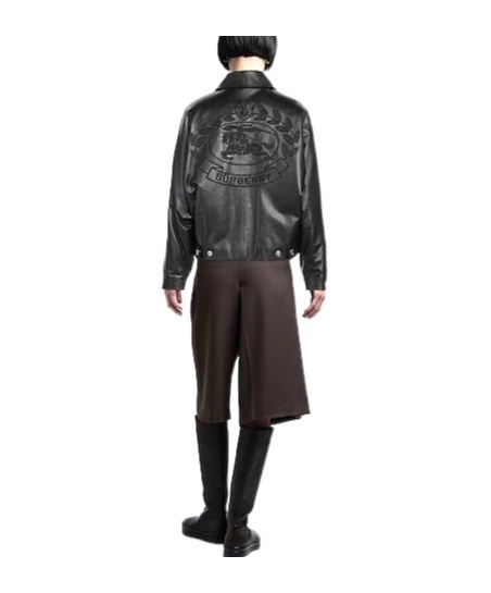 Burberry Minimalist Leather Jacket With Classic Collar And Embroidered Logo