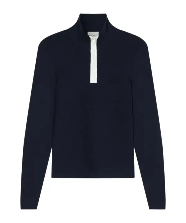 Closed Ribbed Knit Half-zip Long Sleeve Sweater - Dark Blue