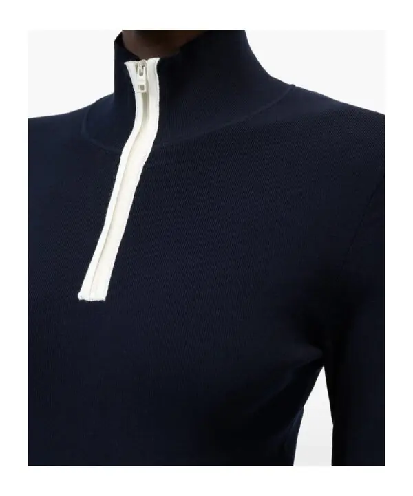 Closed Ribbed Knit Half-zip Long Sleeve Sweater - Dark Blue