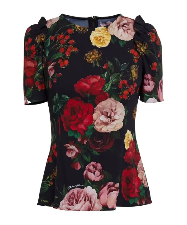 Dolce & Gabbana Floral Print Top With Ruffled Details - Black