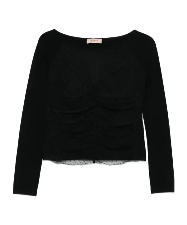 TWINSET Ruched Polka Dot Blouse With Lace Trim