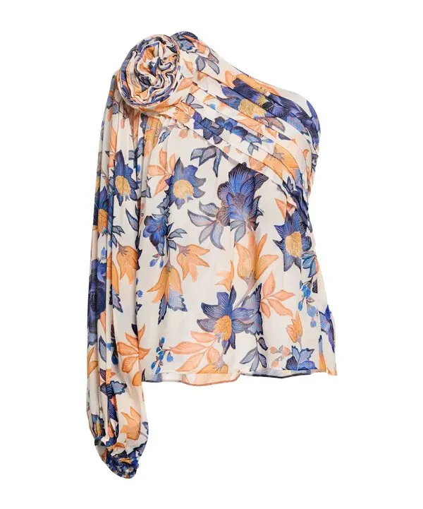 Farm Rio One-shoulder Floral Appliqué Blouse - Blue